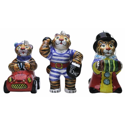 Цирковые тигры 3 штуки в картонной коробке Набор керамических елочных игрушек украшений цветная коллекция