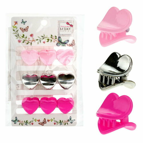 Lukky Fashion набор из 9 мини крабиков д. волос, Сердечки, 3 цв: фуксия/серебряный/розовый
