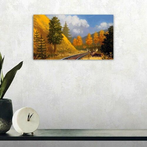 Картина на холсте 60x110 LinxOne "Лось железная дорога рога" интерьерная для дома / на стену / на кухню / с подрамником