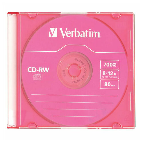 Оптический диск CD-RW Verbatim 700Mb, 8х-12х, slim case, разноцветные, 1шт. (43167)