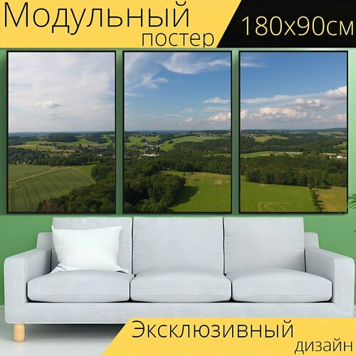 Модульный постер "Поля, пейзаж, небо" 180 x 90 см. для интерьера