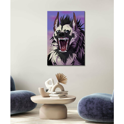 Картина - гиена, гиена арт, гиена на фиолетовом фоне, белая шерсть гиена, гиена оскал (15) 50х70