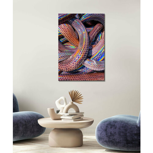 Картина - змея, лучистая змея, разноцветная чешуя, змеи на солнце (46) 50х70