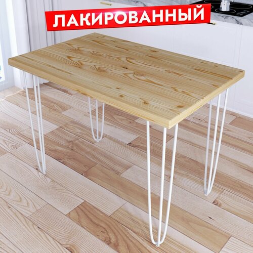 Стол кухонный Loft с лакированной столешницей из массива сосны 40 мм на белых металлических ножках-шпильках, 110x80х75 см