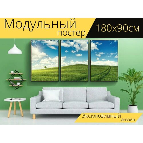 Модульный постер "Поле, мак, летом" 180 x 90 см. для интерьера