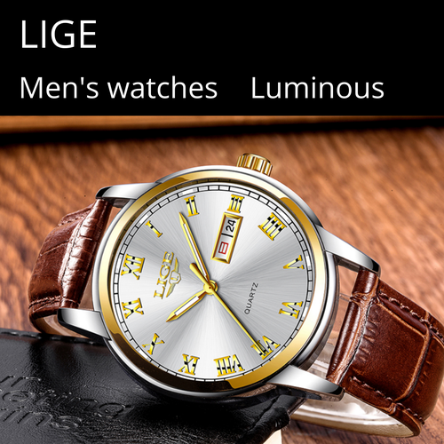 Наручные часы LIGE мужские кварцевые роскошные деловые водонепроницаемые классические LIGE, белый