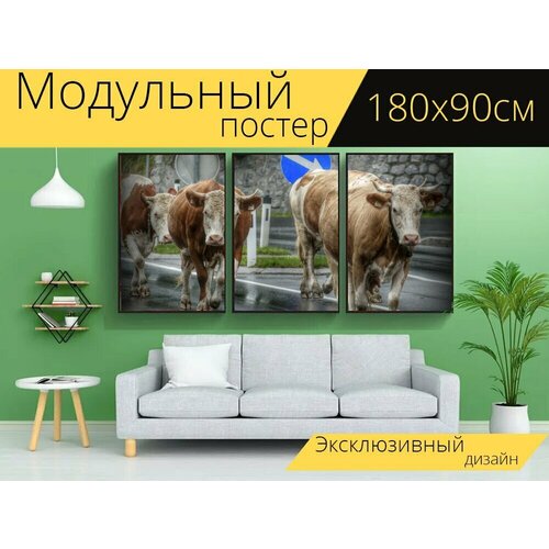 Модульный постер "Коровы, дорога, корова" 180 x 90 см. для интерьера
