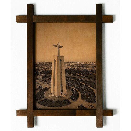 Картина Монумент Кришту Рей, Португалия, гравировка на натуральной коже, в деревянной раме, подарок, BoomGift