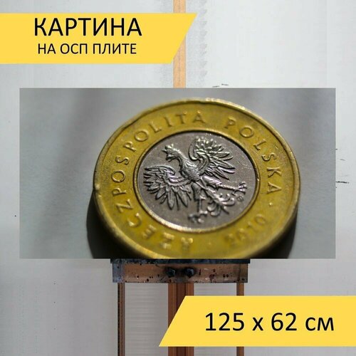 Картина на ОСП 125х62 см. "Деньги, валюта, монеты" горизонтальная, для интерьера, с креплениями