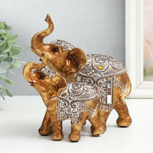 Сувенир полистоун "Слон со слонёнком - попона с узорами и янтарём" 16.5х10х17.5 см