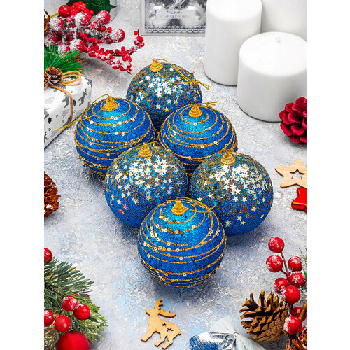 Набор 6 новогодних шаров 8х8 см Elan Gallery Золото на синем, синий