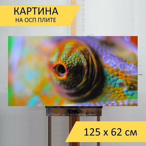 Картина на ОСП 125х62 см. "Хамелеон абстрактный, хамелеон, рептилия" горизонтальная, для интерьера, с креплениями