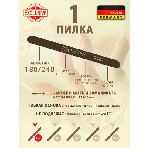 Nail Club professional Маникюрная пилка для опила ногтей серия Classic коричневая, форма узкая прямая, для натуральных ногтей, абразив 180/240, 1 шт.