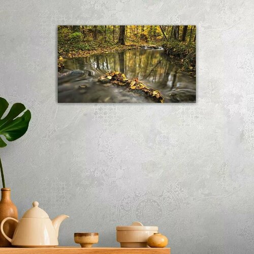 Картина на холсте 60x110 LinxOne "Лес река осень деревья листья" интерьерная для дома / на стену / на кухню / с подрамником