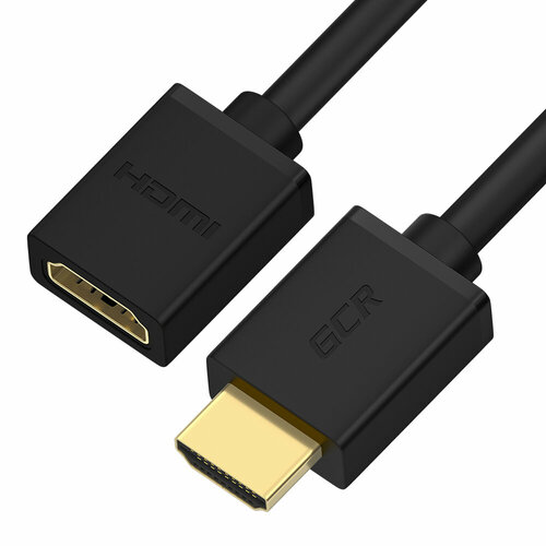 GCR Удлинитель 5.0m HDMI-HDMI v2.0, M/F, поддержка 4K 60Hz, Full HD, HDR, 18 Гбит/c, черный, 24K GOLD, 2 X экран, армирование