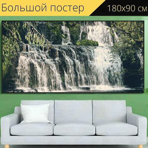 Большой постер "Водопады, река, ручей" 180 x 90 см. для интерьера