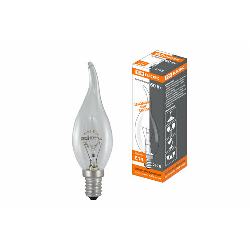 Лампа накаливания "Свеча на ветру" прозрачная 60 Вт-230 В-Е14 TDM SQ0332-0016