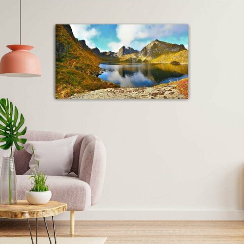 Картина на холсте 60x110 LinxOne "Вода горы трава озеро природа" интерьерная для дома / на стену / на кухню / с подрамником