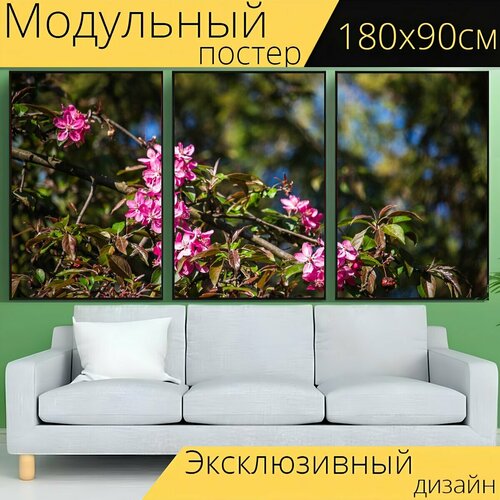 Модульный постер "Цветущее дерево, розовые цветы, цветущая ветка" 180 x 90 см. для интерьера