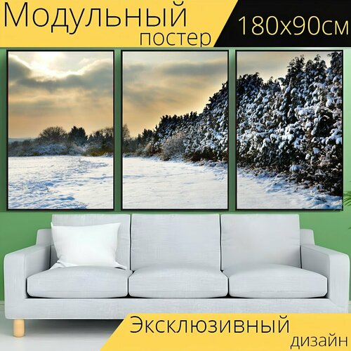 Модульный постер "Сельская местность, снег, зима" 180 x 90 см. для интерьера