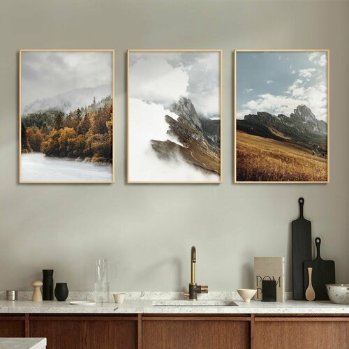 Плакат Постер 3 шт 50х70 без рамки "Горы в тумане" набор картин для интерьера