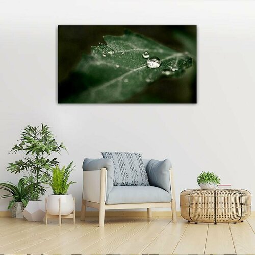 Картина на холсте 60x110 LinxOne "Лист, листок, зеленый, капля" интерьерная для дома / на стену / на кухню / с подрамником