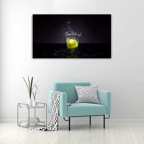 Картина на холсте 60x110 LinxOne "Еда Вода Брызги Лимон Стакан" интерьерная для дома / на стену / на кухню / с подрамником