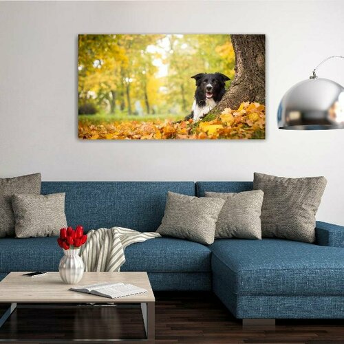 Картина на холсте 60x110 LinxOne "Собака осень листья дерево" интерьерная для дома / на стену / на кухню / с подрамником