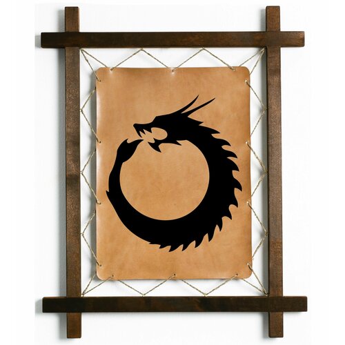 Картина Черный дракон 3, гравировка на натуральной коже, интерьерная для украшения и декора на стену в деревянной раме, подарок, BoomGift