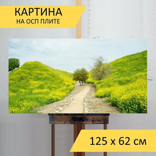 Картина на ОСП 125х62 см. "Природа, пейзаж, желтые цветы" горизонтальная, для интерьера, с креплениями