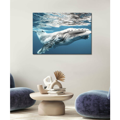 Картина - кит, синий кит, кит в океане, огромный кит, кит в воде (33) 50х70