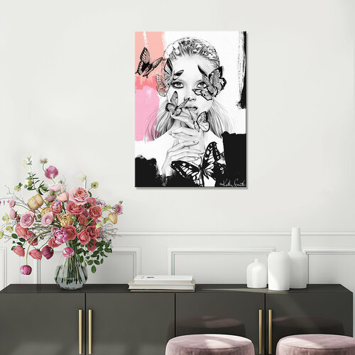 Интерьерная картина на холсте - Чб девушка и бабочки 50х70