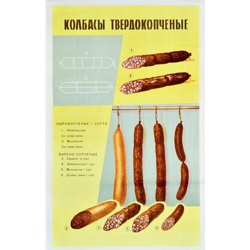 Советский плакат, постер на холсте Колбаса копченая вкусная, шесть видов. Размер 21 х 30 см
