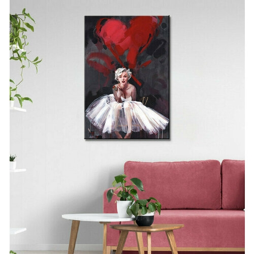 Интерьерная картина на холсте в гостиную, спальню, прихожую, кухню, офис/постер на стену/ Мерлин Монро балерина рисует сердце красной краской 60х80