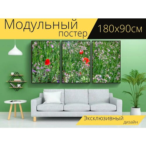 Модульный постер "Цветочный луг, луг, природа" 180 x 90 см. для интерьера