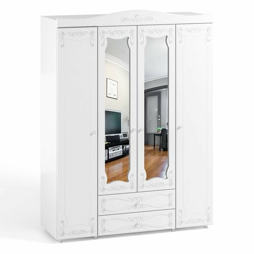 Шкаф 4 дв (560) с 2 Большими глухими дверьми, с 2 Малыми зеркальными дверьми и ящиками Катрин-К ИТ-63 Италия Белое дерево