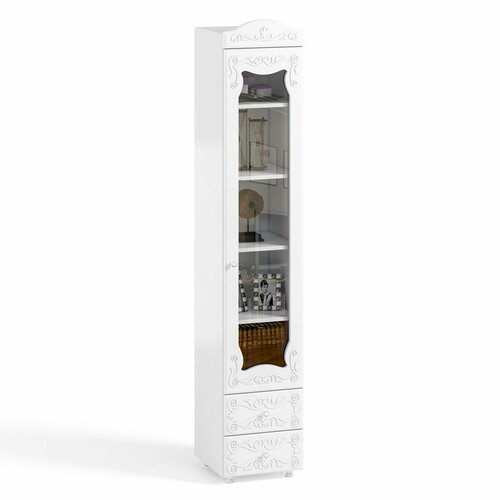 Шкаф 1 дв (560) с Малой стеклянной дверью и ящиками (библиотека) Катрин-К ИТ-36 Италия Белое дерево