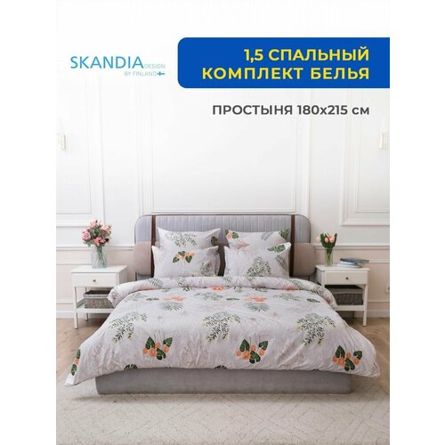 Комплект постельного белья SKANDIA design by Finland 1,5 спальный Микро Сатин, 2 наволочки, X124 Зеленые крупные листья драцена