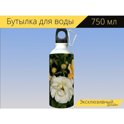 Бутылка фляга для воды "Розы, расцветает, бутон" 750 мл. с карабином и принтом