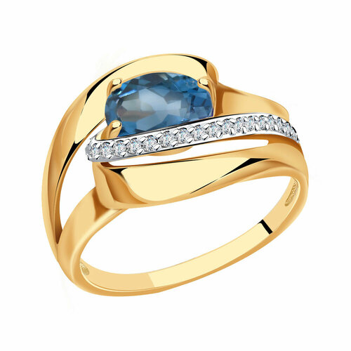 Кольцо Diamant online, золото, 585 проба, фианит, топаз, размер 17.5, голубой