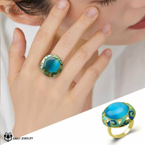 Кольцо, кошачий глаз, искусственный камень, размер 18, голубой, золотой