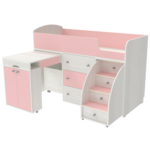 Кровать чердак Малыш Белое Дерево - Розовый