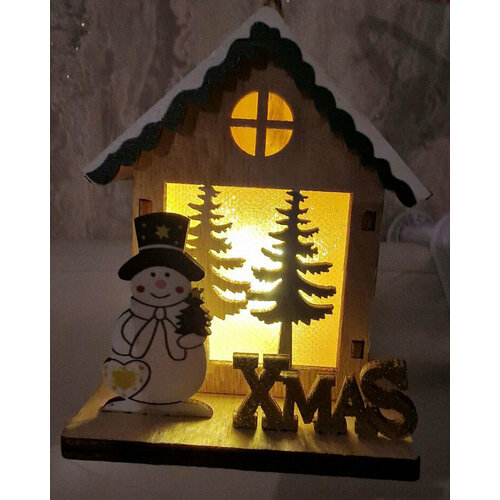 Елочное украшение "деревянный домик" светящийся Снеговик XmaS