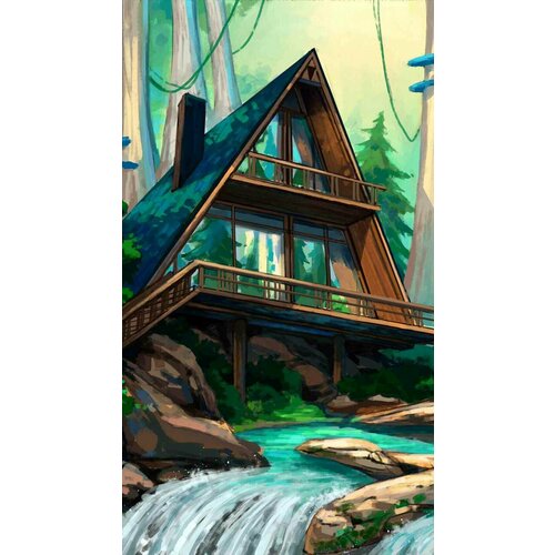 Картина на холсте 60x110 LinxOne "Домик, архитектура, река, арт, вертикальный" интерьерная для дома / на стену / на кухню / с подрамником