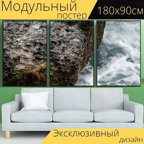 Модульный постер "Мокрые камни, морской берег, маврикий" 180 x 90 см. для интерьера