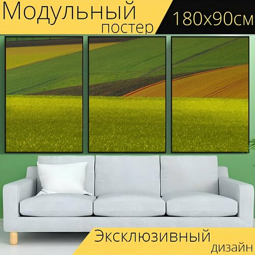 Модульный постер "Пейзаж, пшеничное поле, начало лета" 180 x 90 см. для интерьера