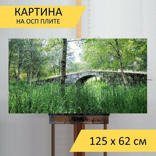 Картина на ОСП 125х62 см. "Мост, природа, травы" горизонтальная, для интерьера, с креплениями
