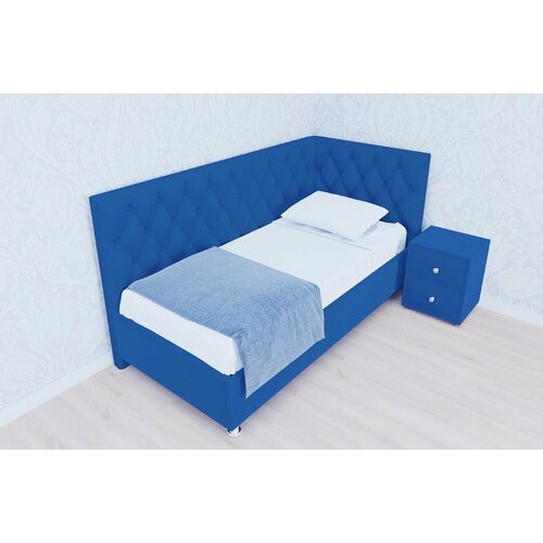 Двуспальная кровать Версаль Угловая 140x200 с подъемным механизмом и с коробом для белья велюр синий ножки 13 см хром угол левый
