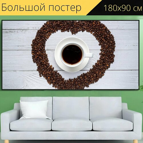 Большой постер "Кофе, кофейные зерна, плоская планировка" 180 x 90 см. для интерьера