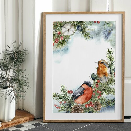 Постер интерьерный новогодний с птицами снегирь и малиновка и декором, 40х60 см, без рамы